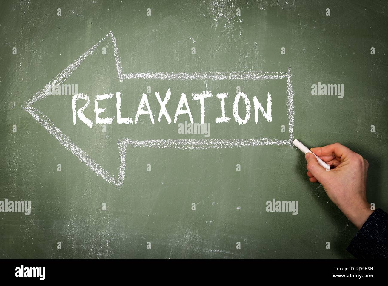 Relaxation. Arrow and text on a green chalkboard Stock Photo - Alamy