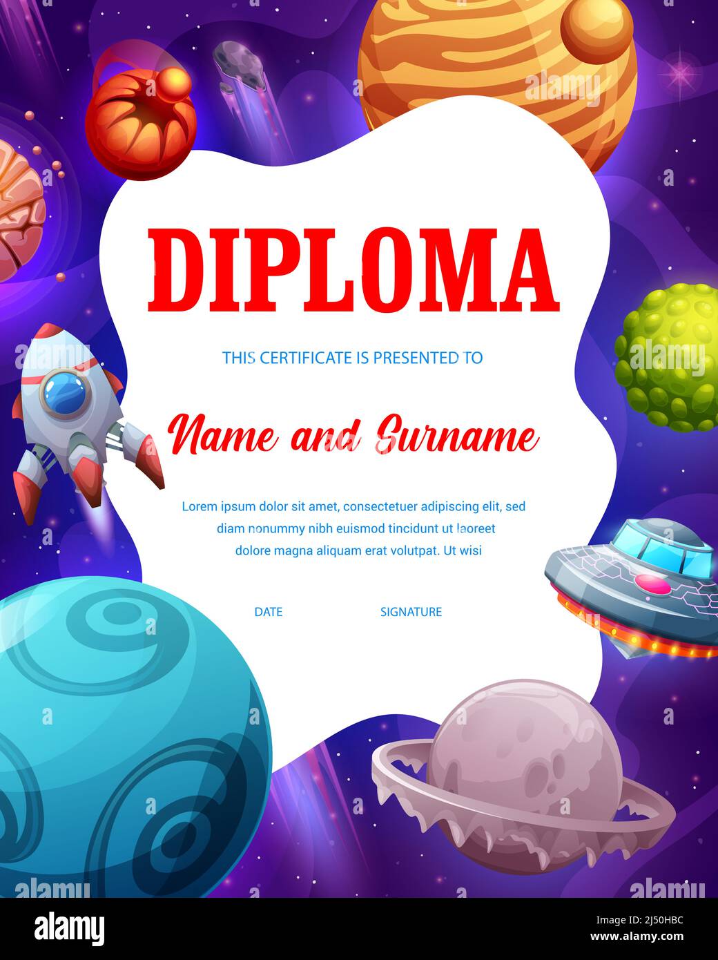 Cartoon space rocket and UFO in galaxy space, kids diploma or education ...