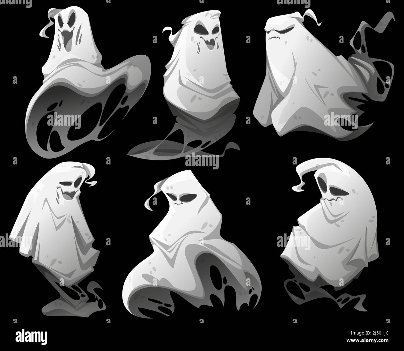 Spooky ghosts, spirits, scary Halloween characters isolated on black ...