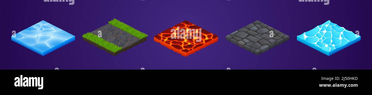Isometric ground tiles with grass, stone, water, ice, and lava texture ...