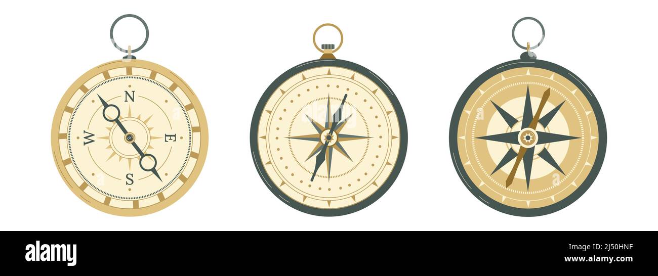 Retro compasses with rose of wind, arrow and loop. Antique navigation ...