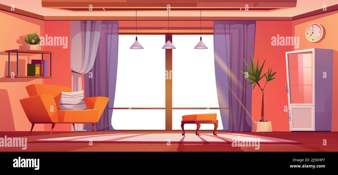 Living room with furniture and panoramic window. Vector cartoon ...