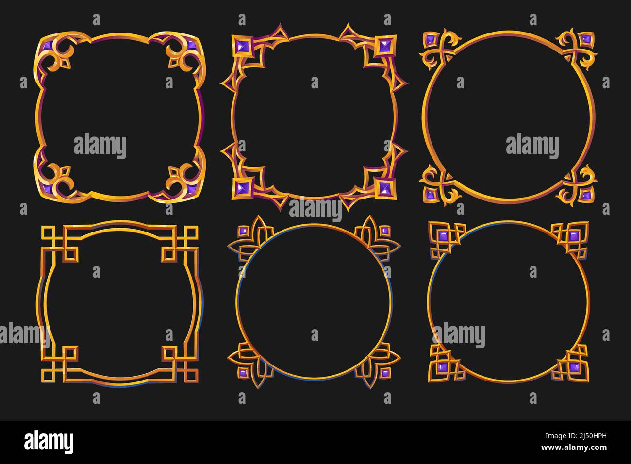 Set of golden frames, square and round borders with ornate metal rims ...