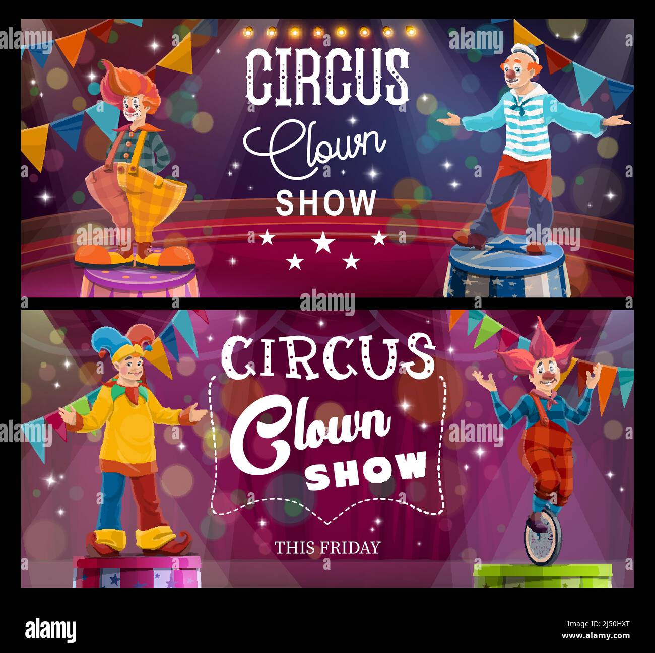 Shapito circus show, cartoon clowns and jesters at funfair carnival ...