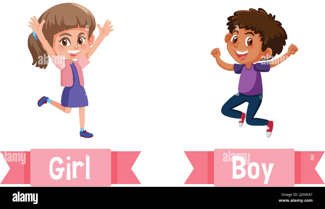 Opposite English Words girl and boy illustration Stock Vector Image ...