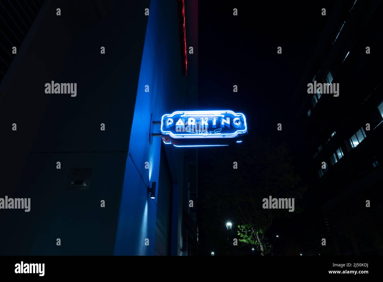 Retro Art Deco Neon Public Parking Signs at Night Stock Photo - Alamy