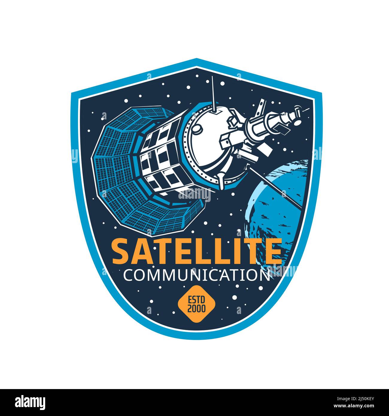 Telecommunication satellite icon, vector label with shuttle on earth ...