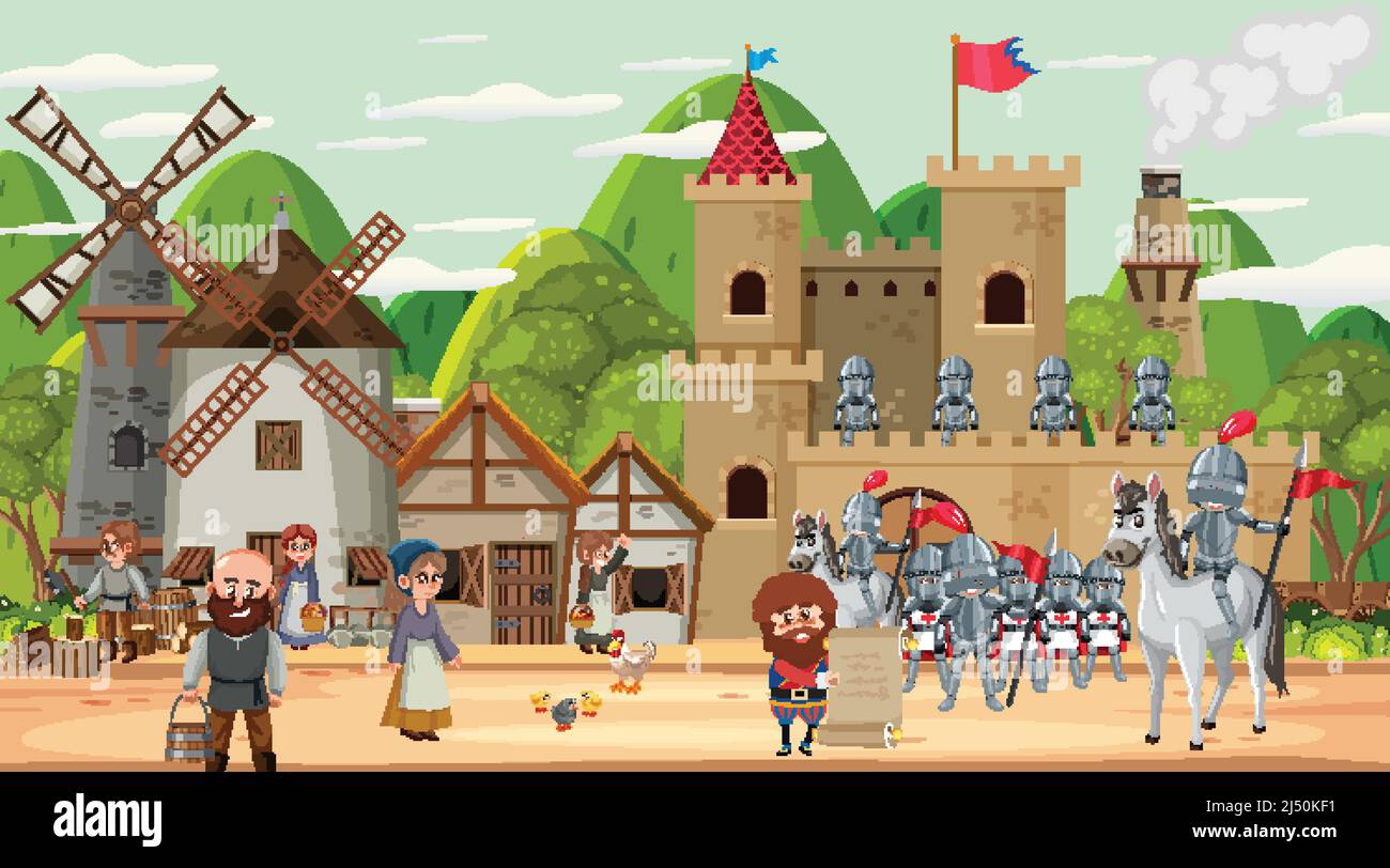 Medieval town scene with villagers illustration Stock Vector Image ...