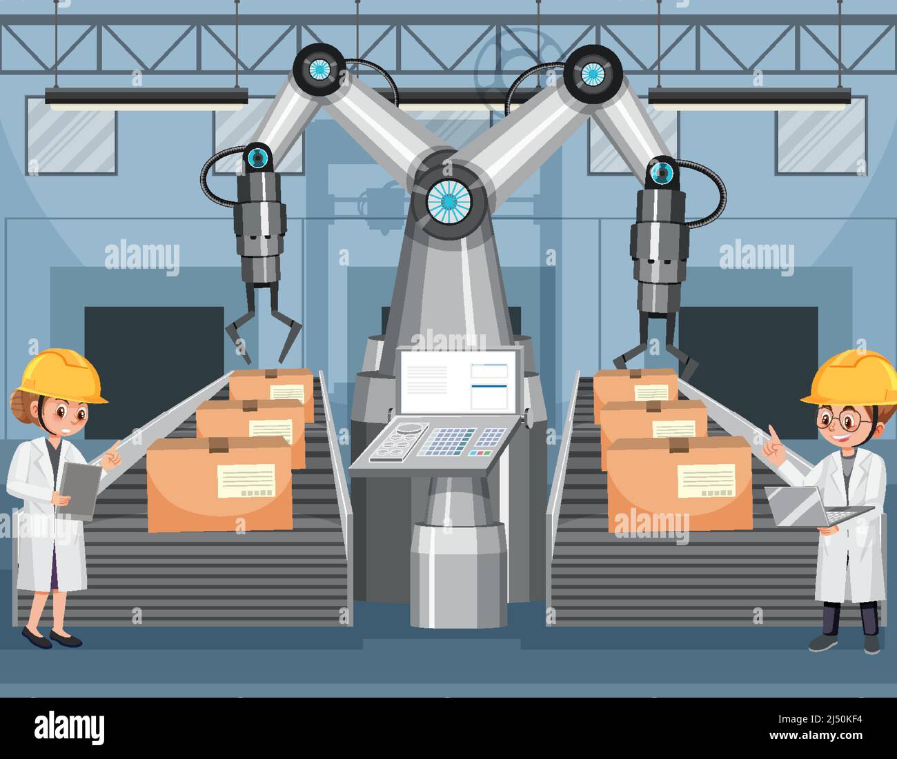 Automation industry concept with assembly line robots illustration ...