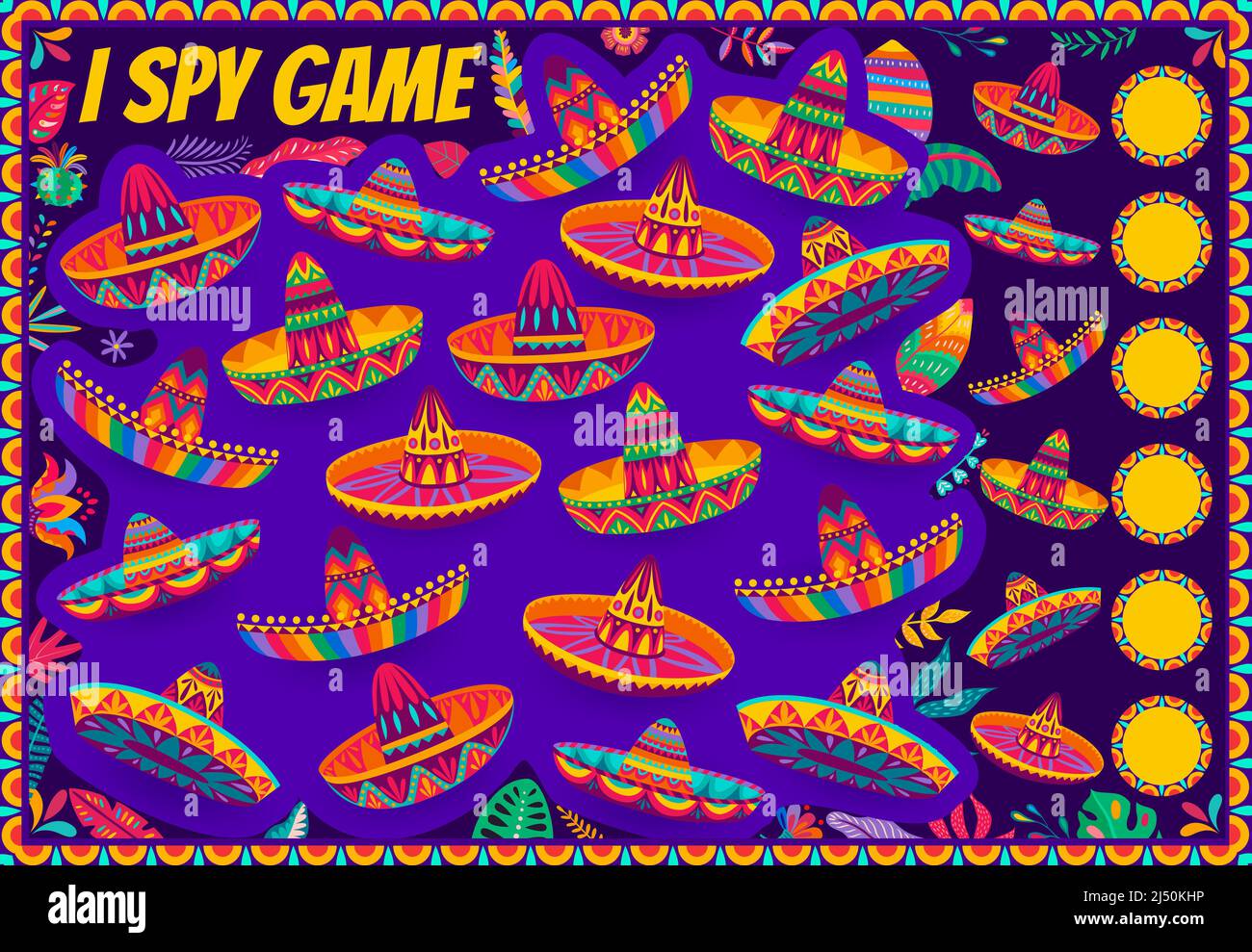 Cartoon mexican sombrero hats. I spy game. Vector riddle worksheet with ...