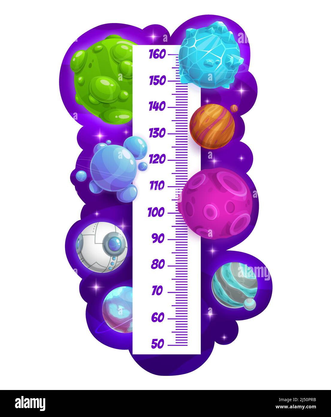 Kids height chart with cartoon space planets, vector growth measuring ...