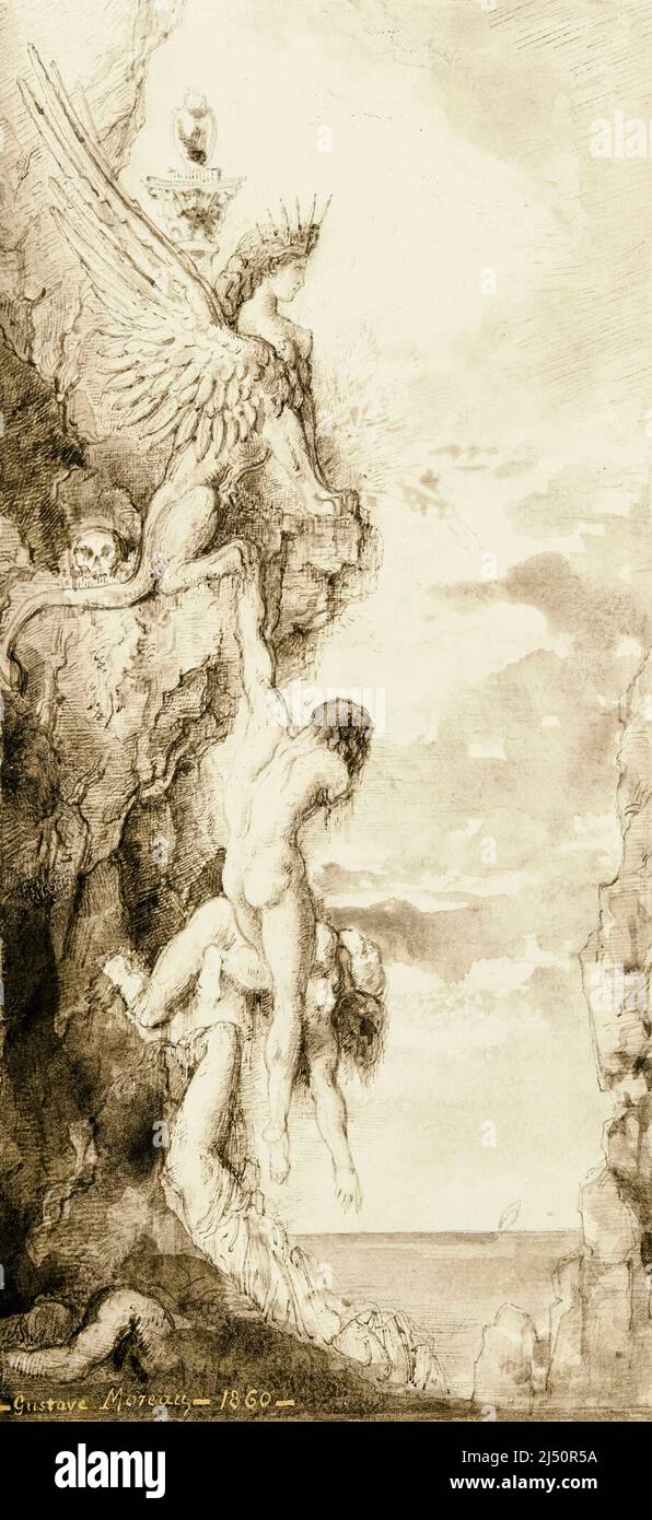 Gustave Moreau, Victimes Du Sphinx, (Sphinx Victims), drawing in brown ...