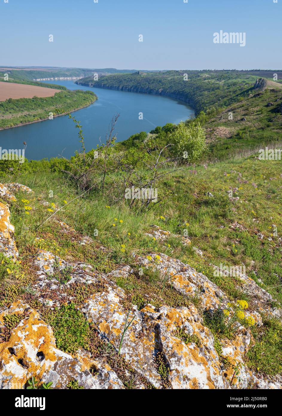 Amazing spring view on the Dnister River Canyon with picturesque rocks ...