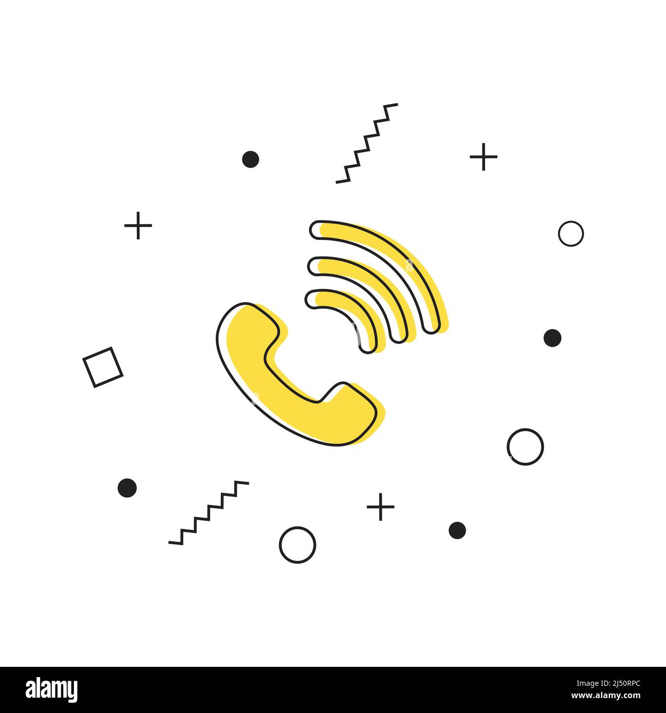 Phone symbol. Yellow call icon with geometric shapes on white ...