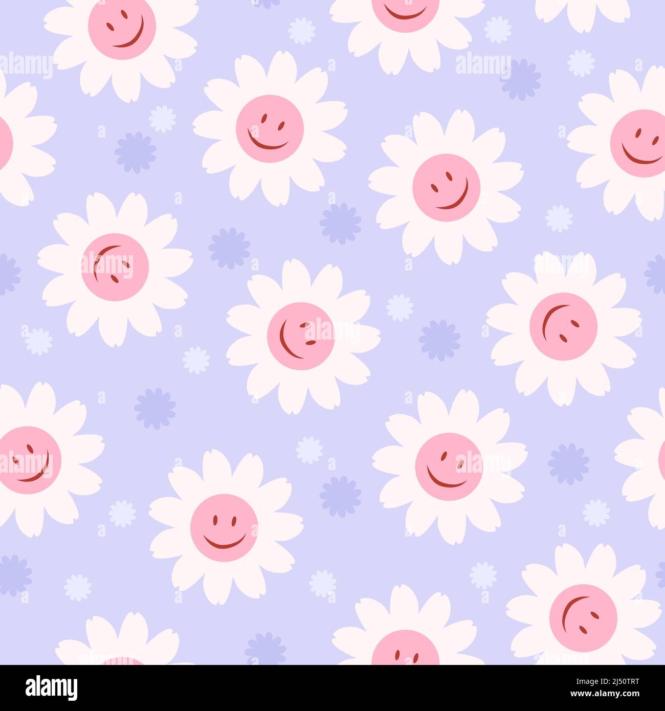 70’s cute seamless smiley face daisy pattern with flowers. Floral ...