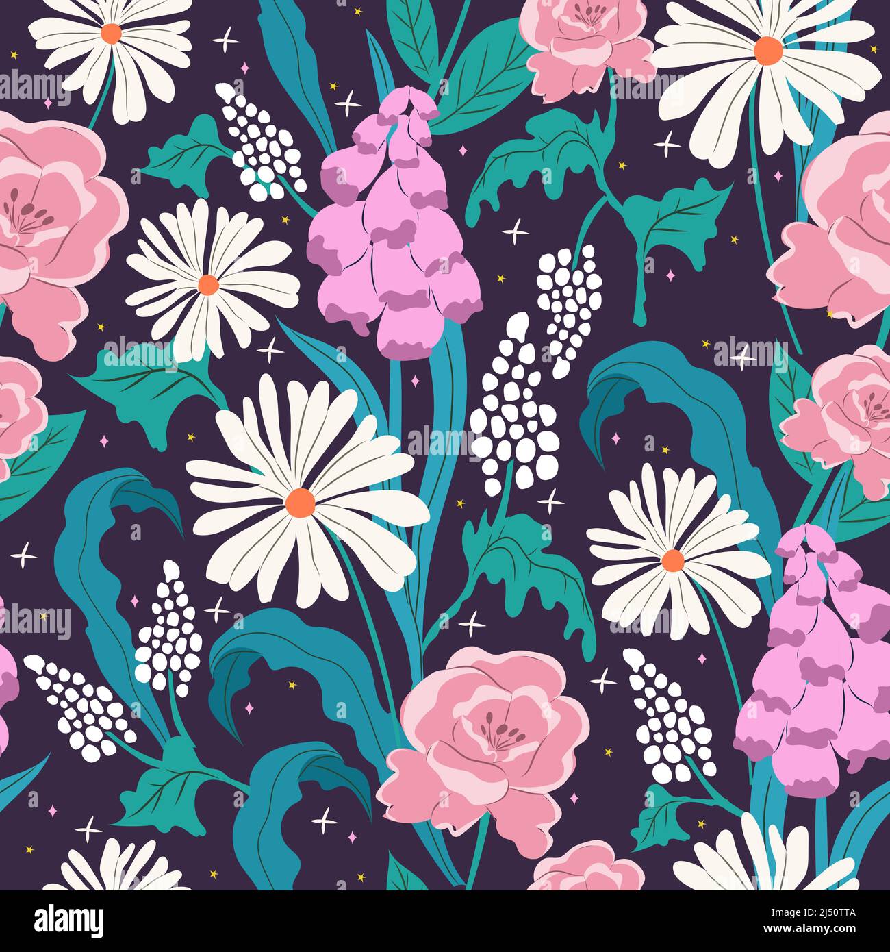 Daisy and peony seamless pattern with hand painted flowers. Floral hand ...