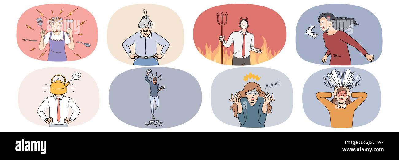 Set of angry people scream and shout feel furious and enraged ...