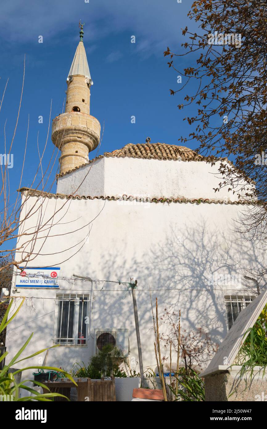A view of the old, historic, whitewashed Memiş mosque. In the town of ...