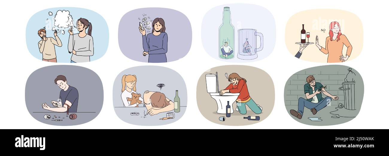 Set of unhappy diverse people suffering from addictions. Collection of ...