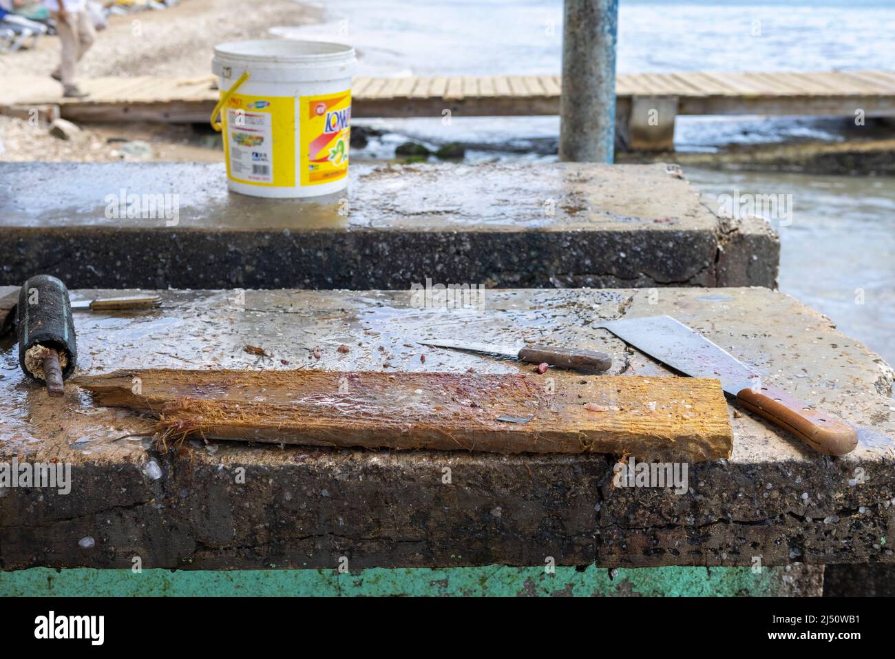 Gutting table made of stone and tools for processing fresh fish at ...