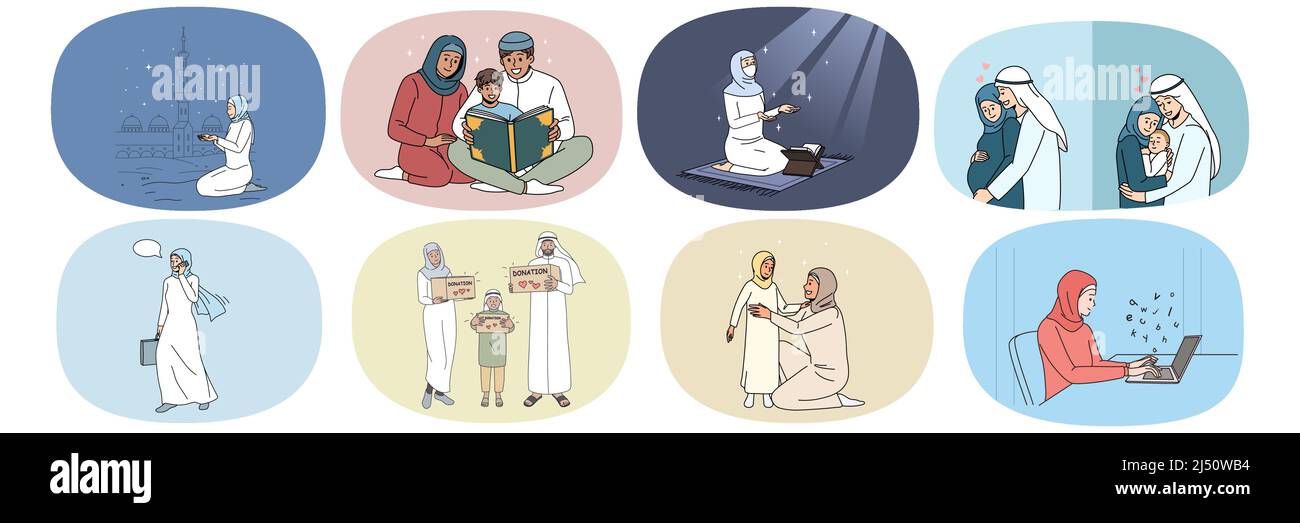 Set of religious Muslim family in traditional clothing praying to Allah ...