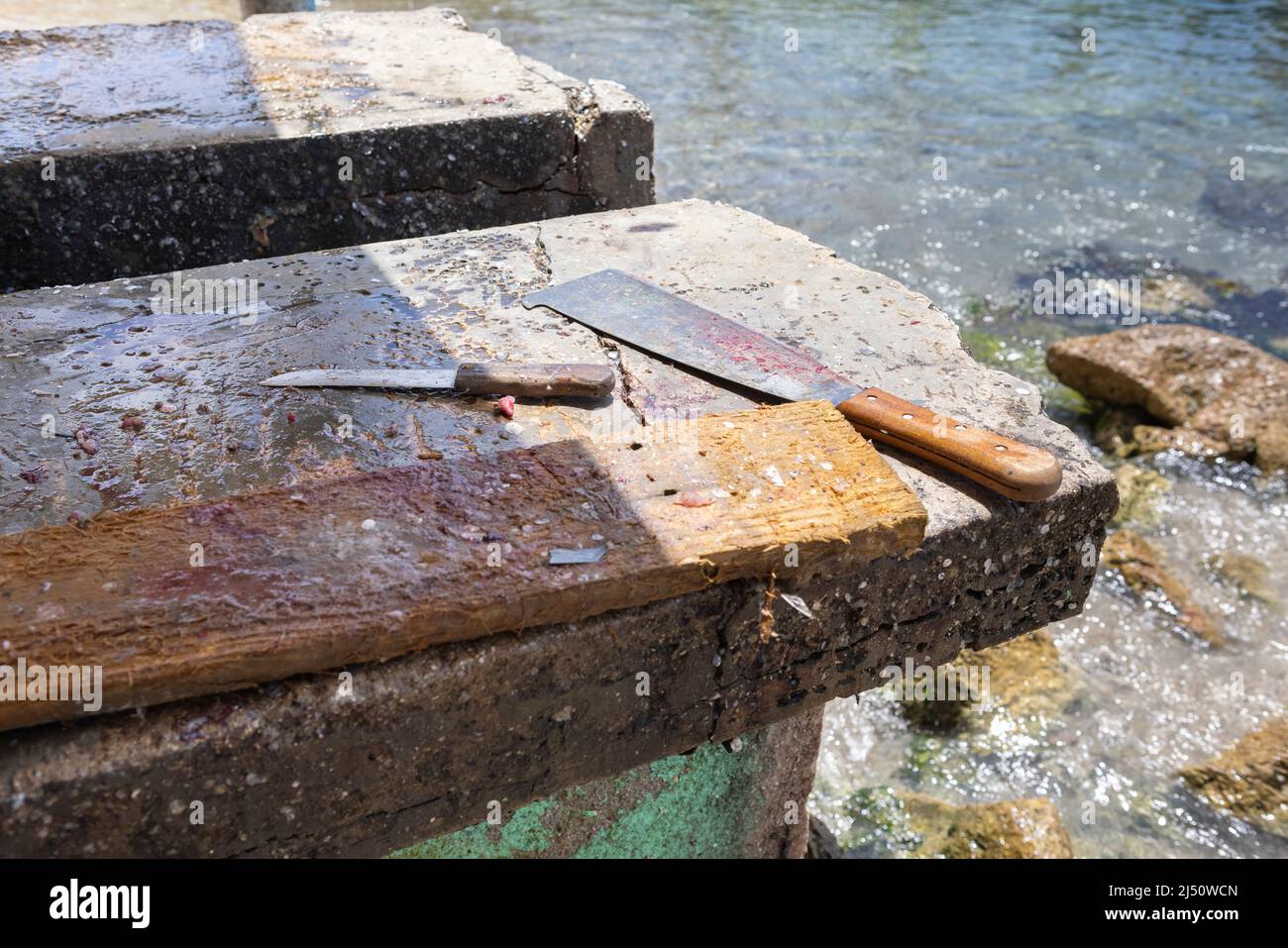 Gutting table made of stone and tools for processing fresh fish at ...