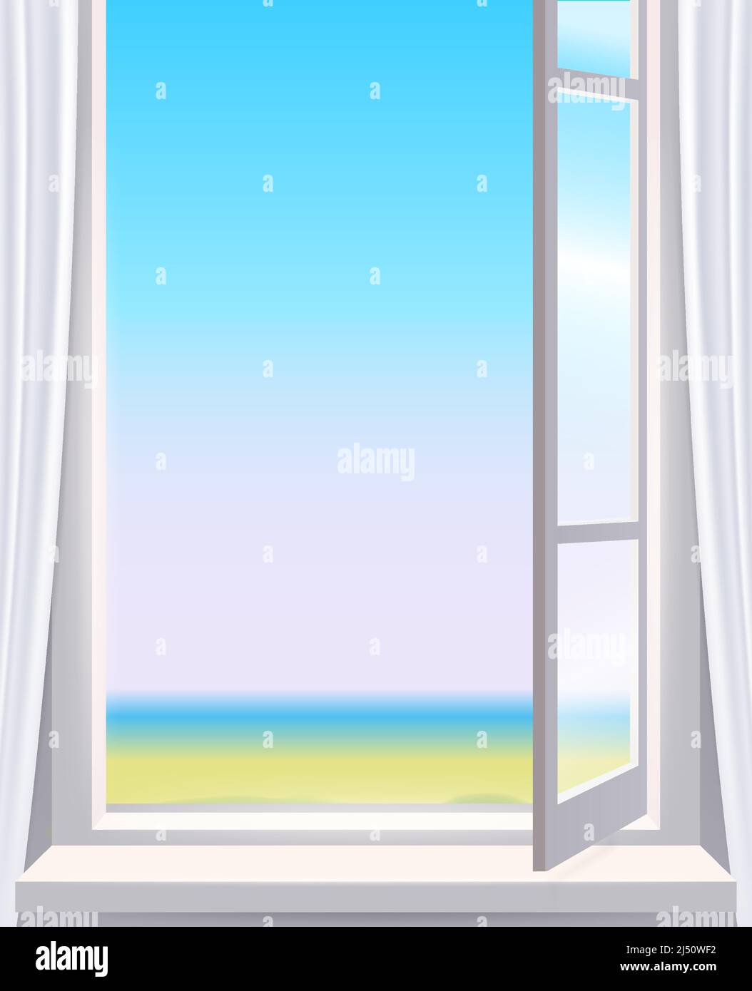 Opened window in interior, view on landscape, spring, curtains. Vector ...