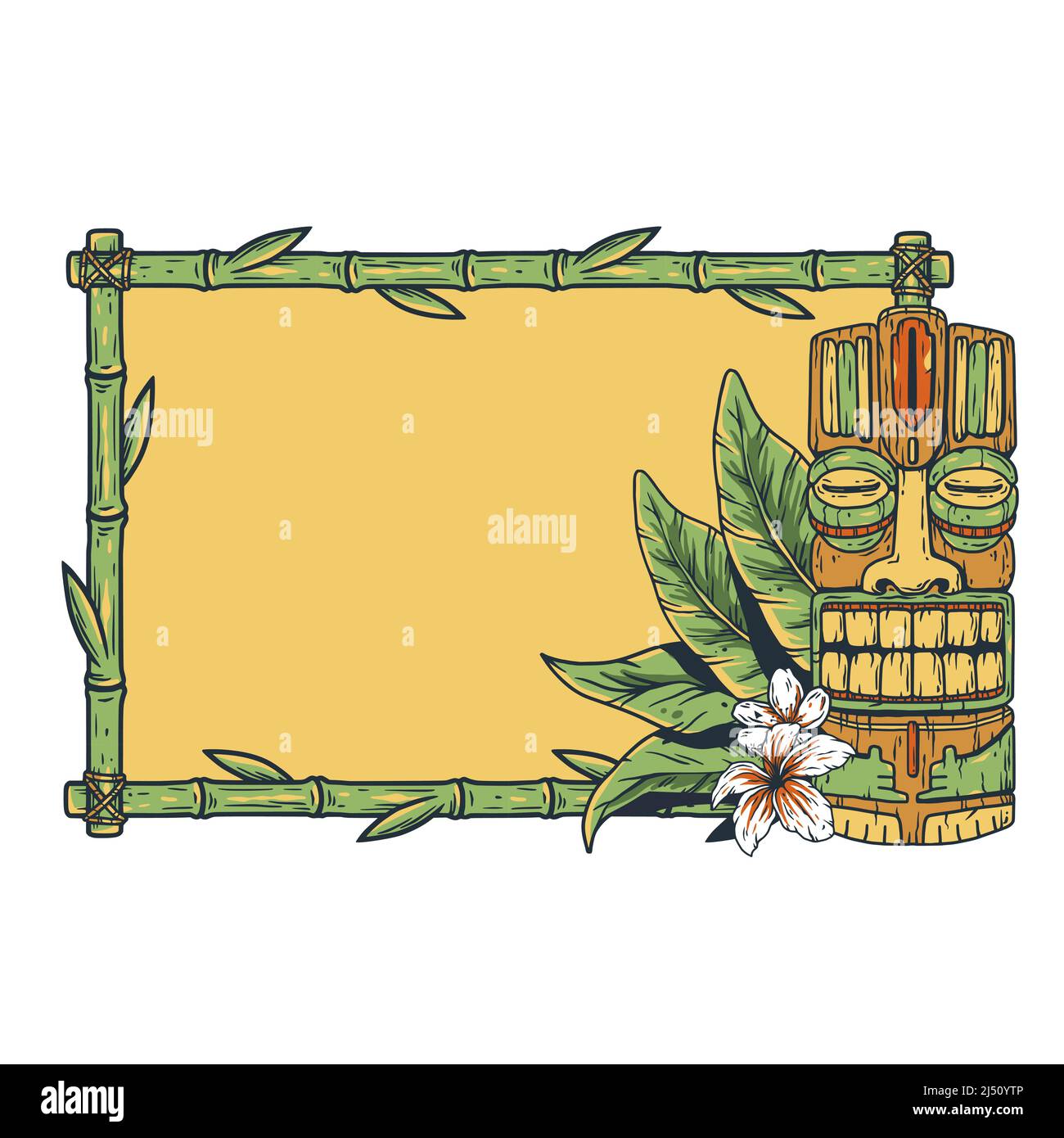 Tiki bar with tiki mask, tropical frame and leaves. Exotic background ...