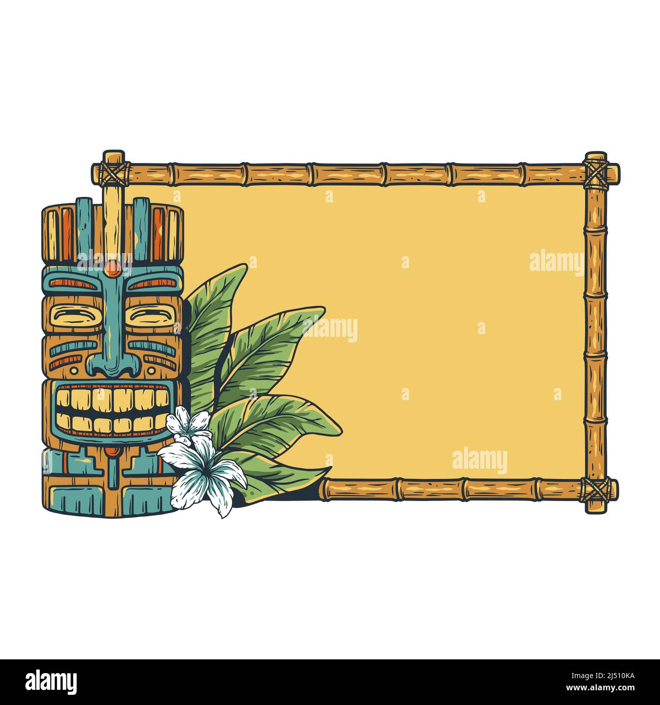 Tiki background with tiki mask, tropical frame and exotic leaves for ...