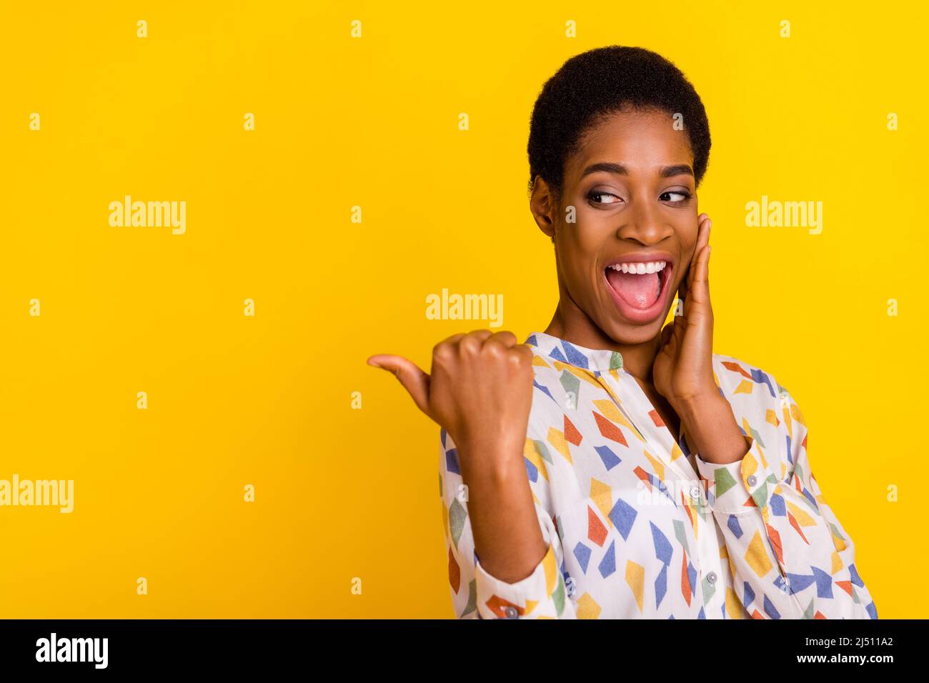 Photo of excited surprised person hand cheek look curious direct thumb ...