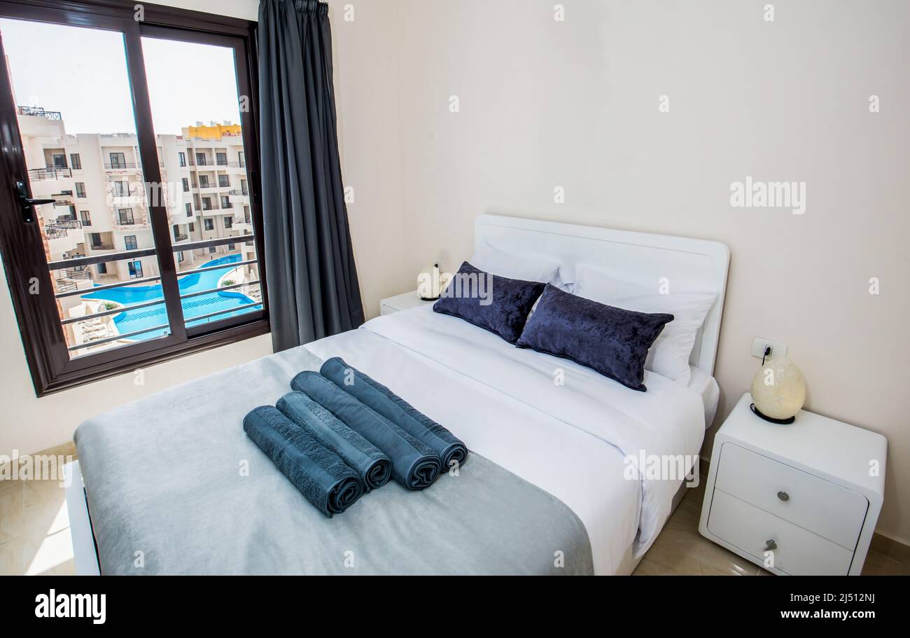 Interior design decor furnishing of luxury show home bedroom showing ...