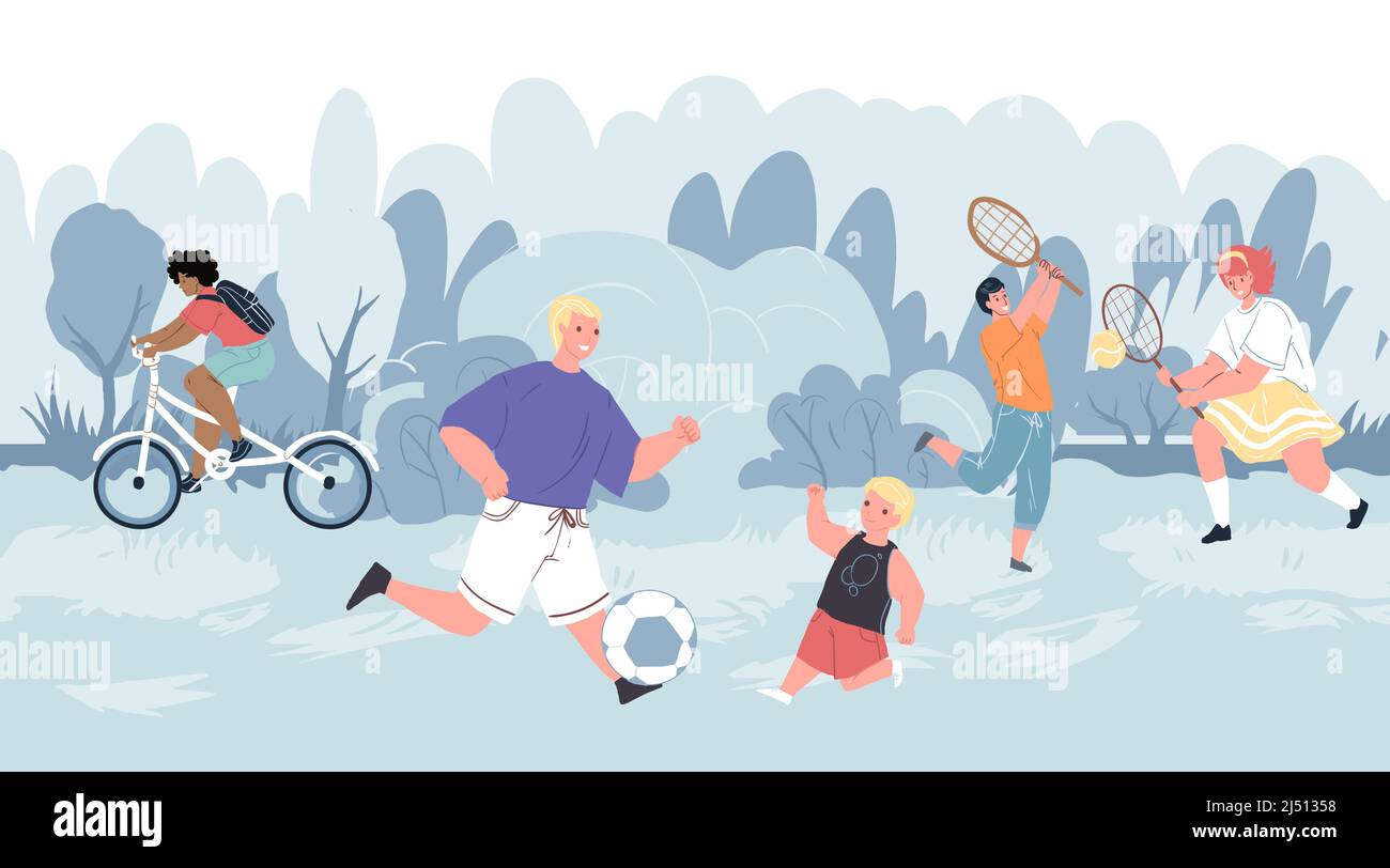 Flat cartoon characters doing sports together,sporty healthy family ...