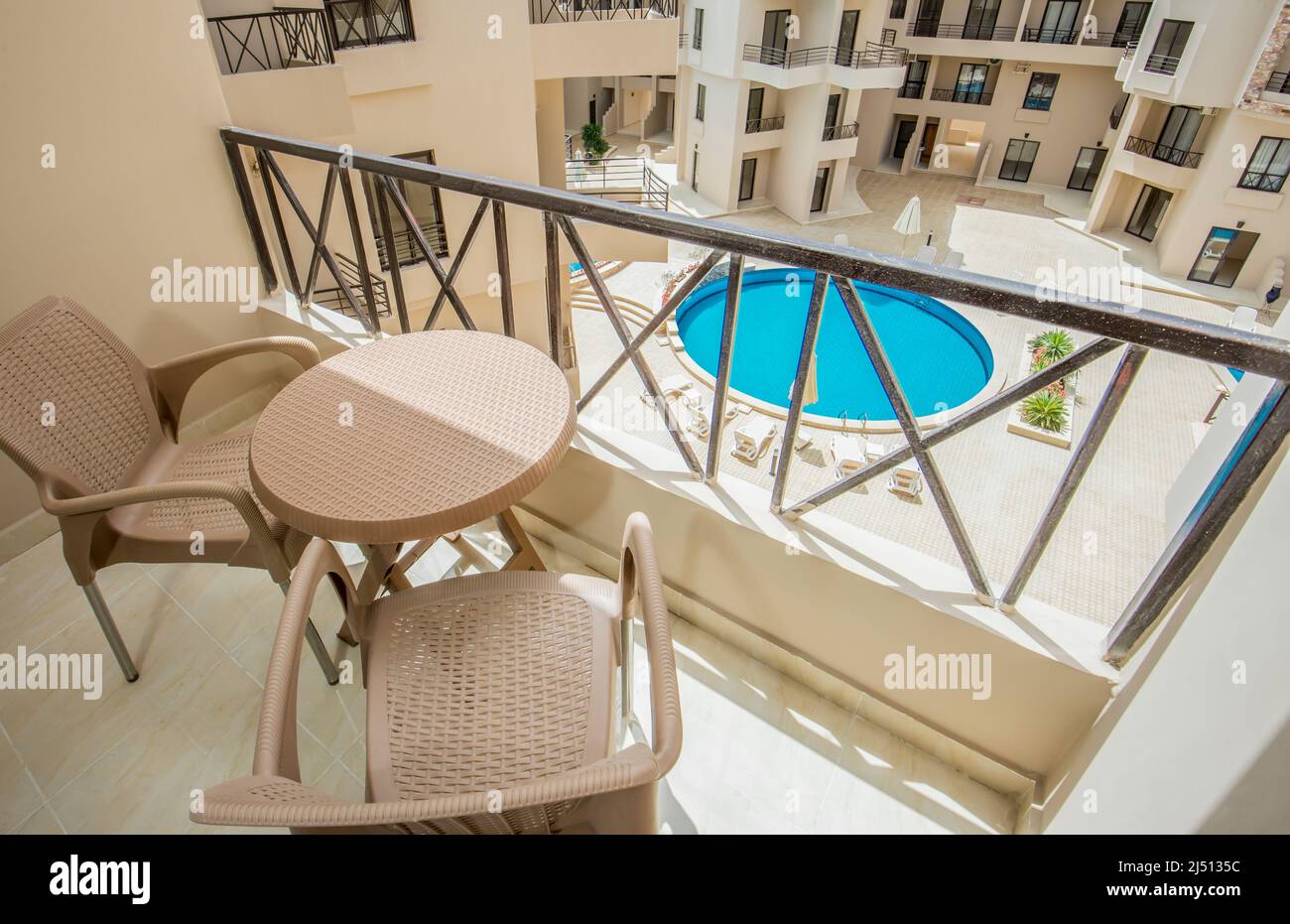 Terrace furniture of a luxury apartment in tropical resort with ...