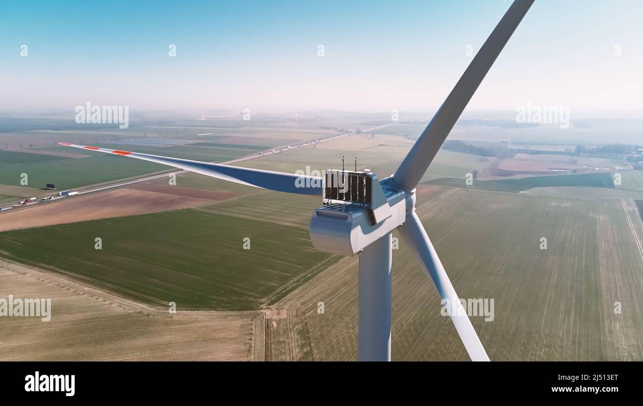 Aerial view of close up windmill turbine in countryside area, Wind ...