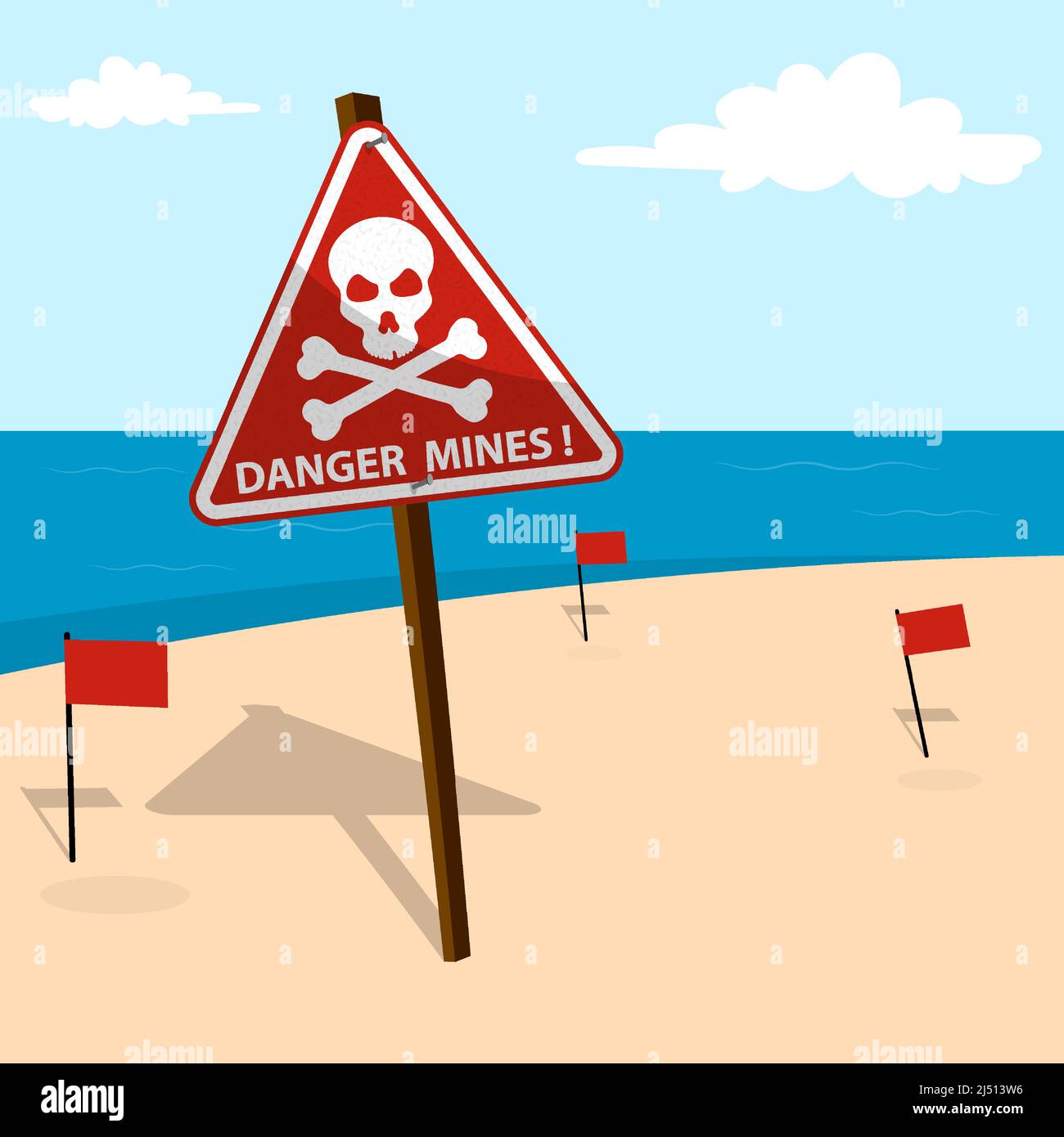 red sign plate with skull and crossbones hangs on beach. Hazard symbol ...