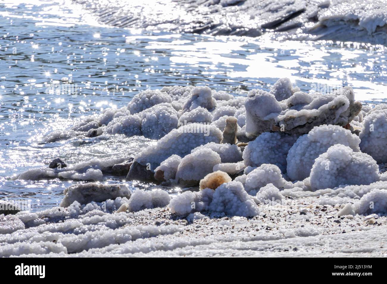 Close-up view of the Dead Sea mineral salt crystals. Selective focus ...