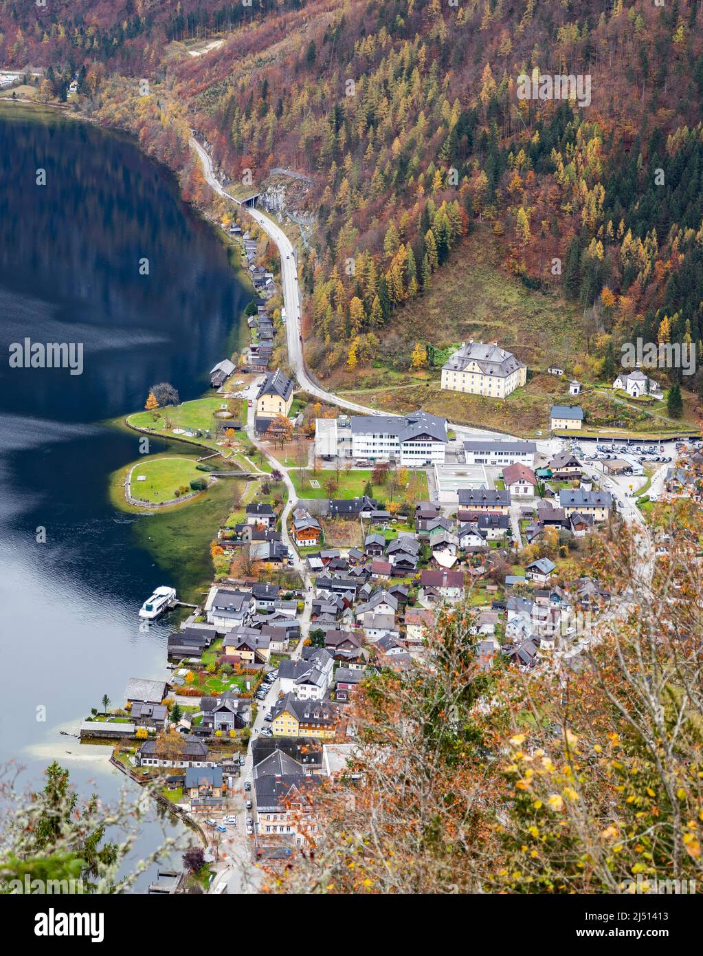 Hallstatt, Austria - November 2, 2019: Aerial view over historical old ...