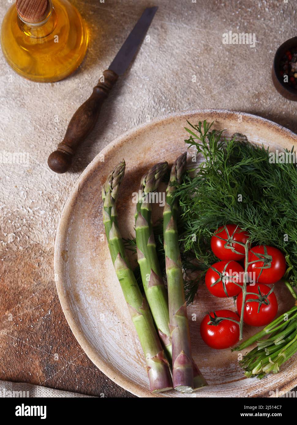 organic rustic vegetables harvest - asparagus, tomatoes, greens Stock ...