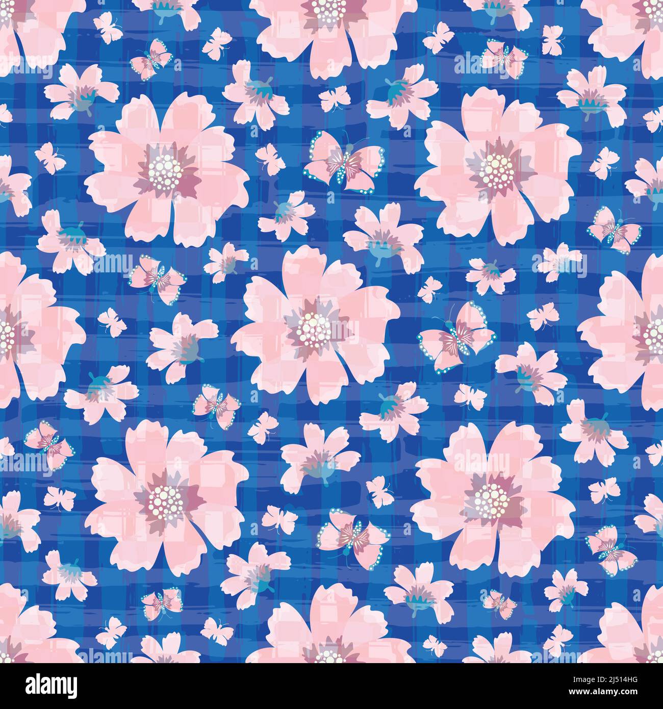 Seamless cottage garden flower and butterfly vector pattern in blue ...