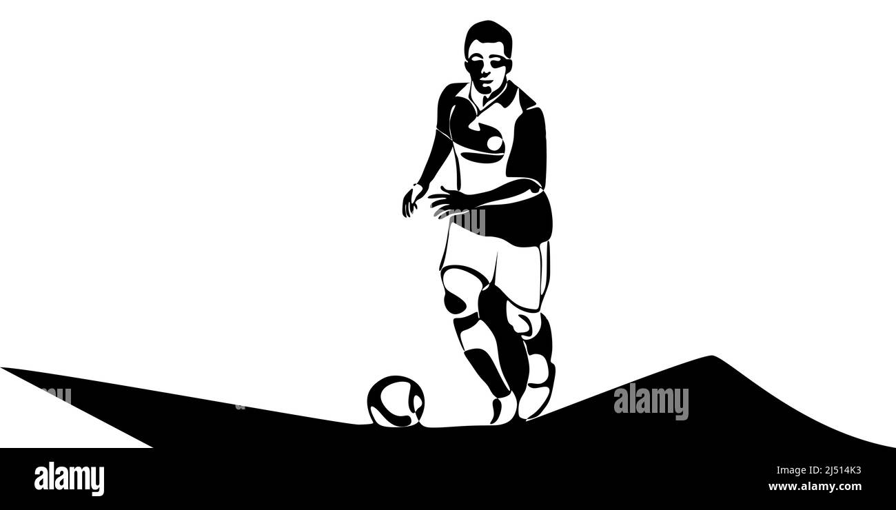 Football, soccer player kicking ball, side view. Isolated vector black ...