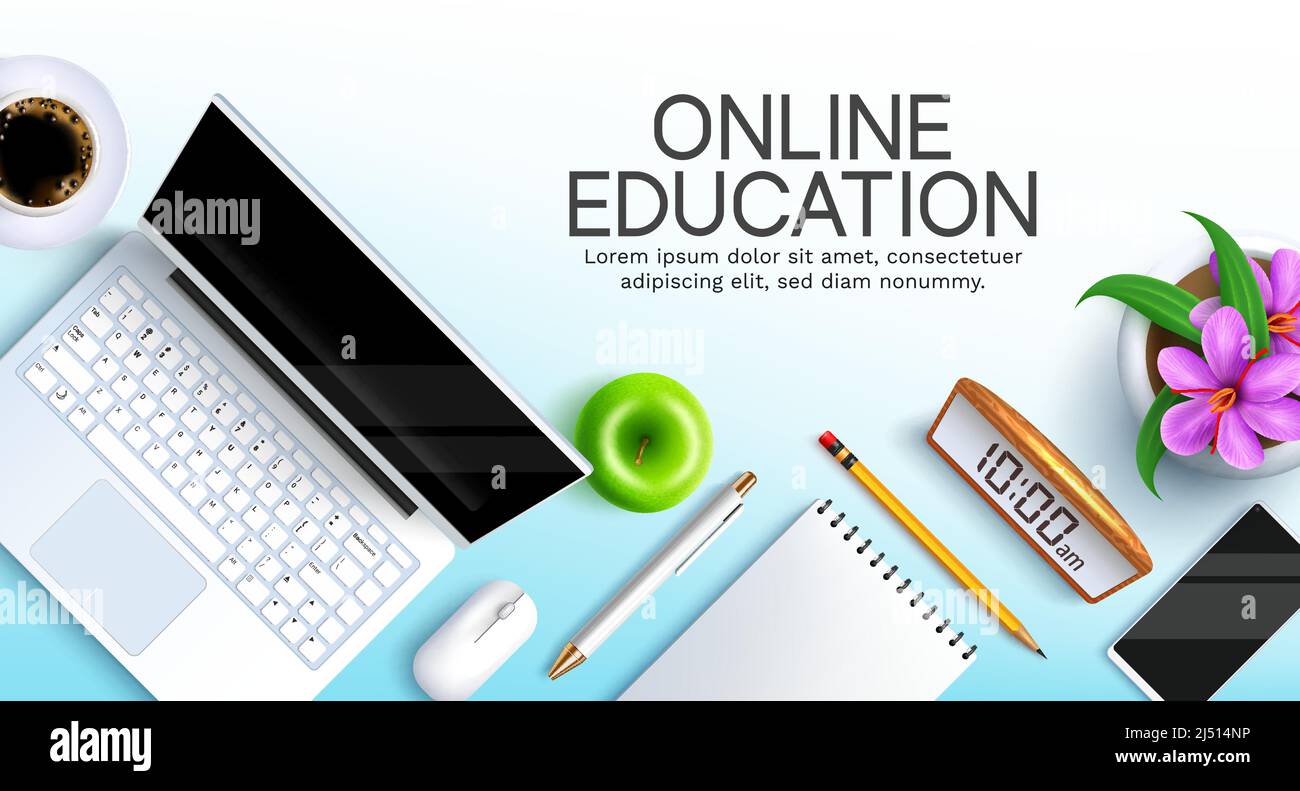 E-learning vector background design. Online education text with laptop ...