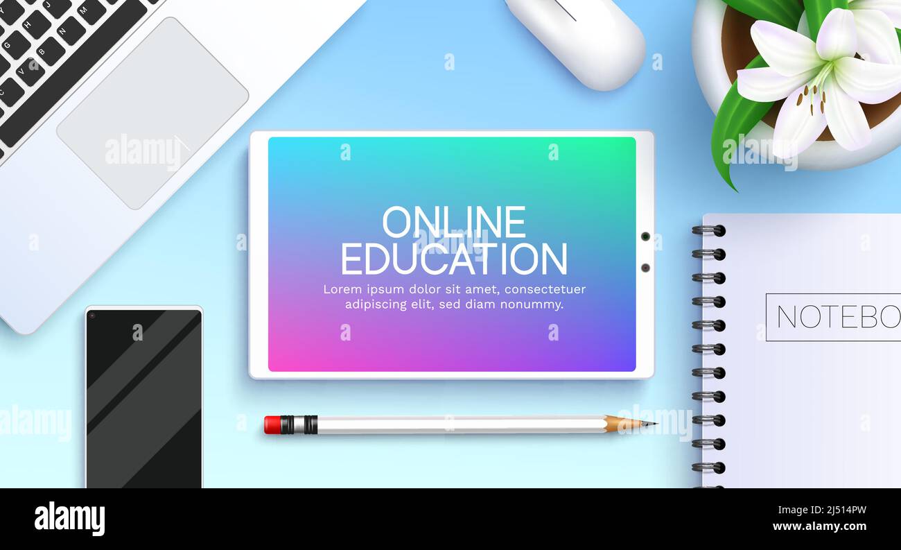 E-learning vector concept design. Online education text in tablet ...