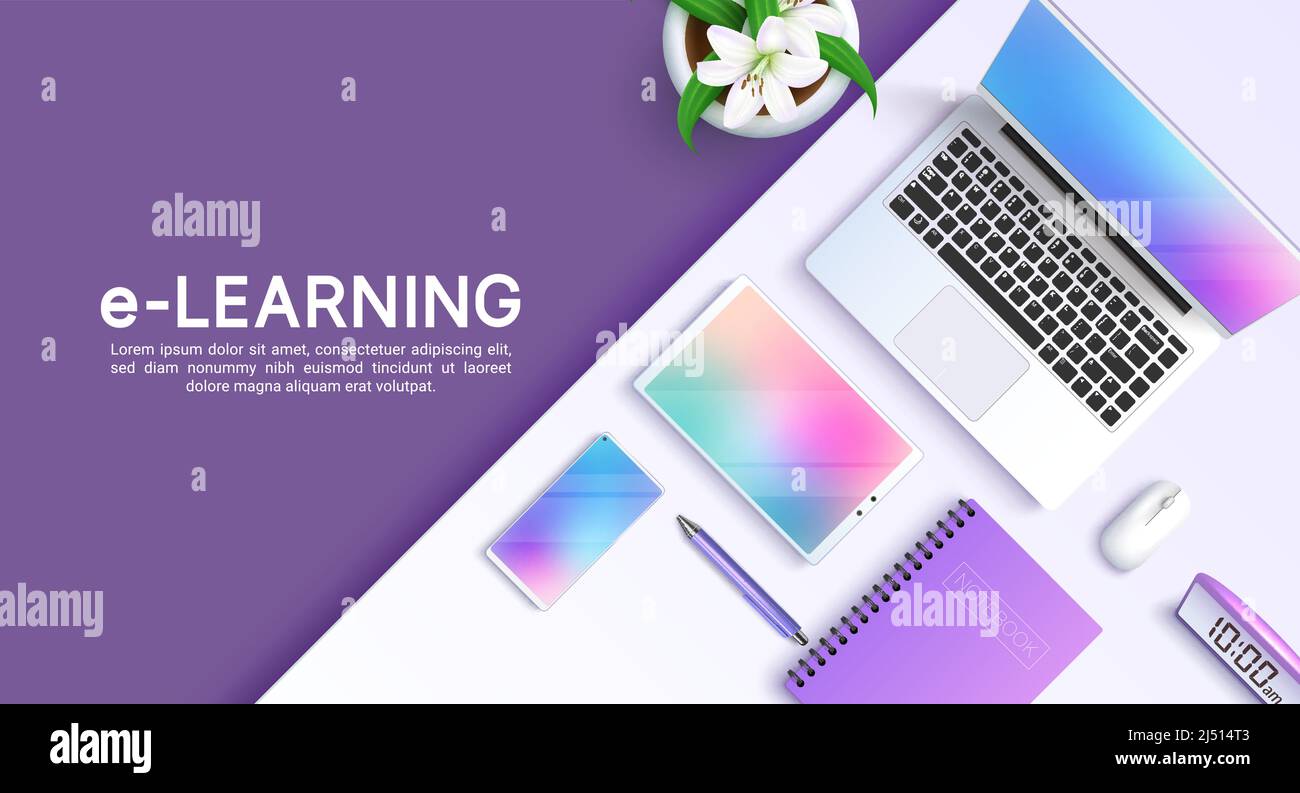 Elearning vector concept design. E-learning text in purple background ...