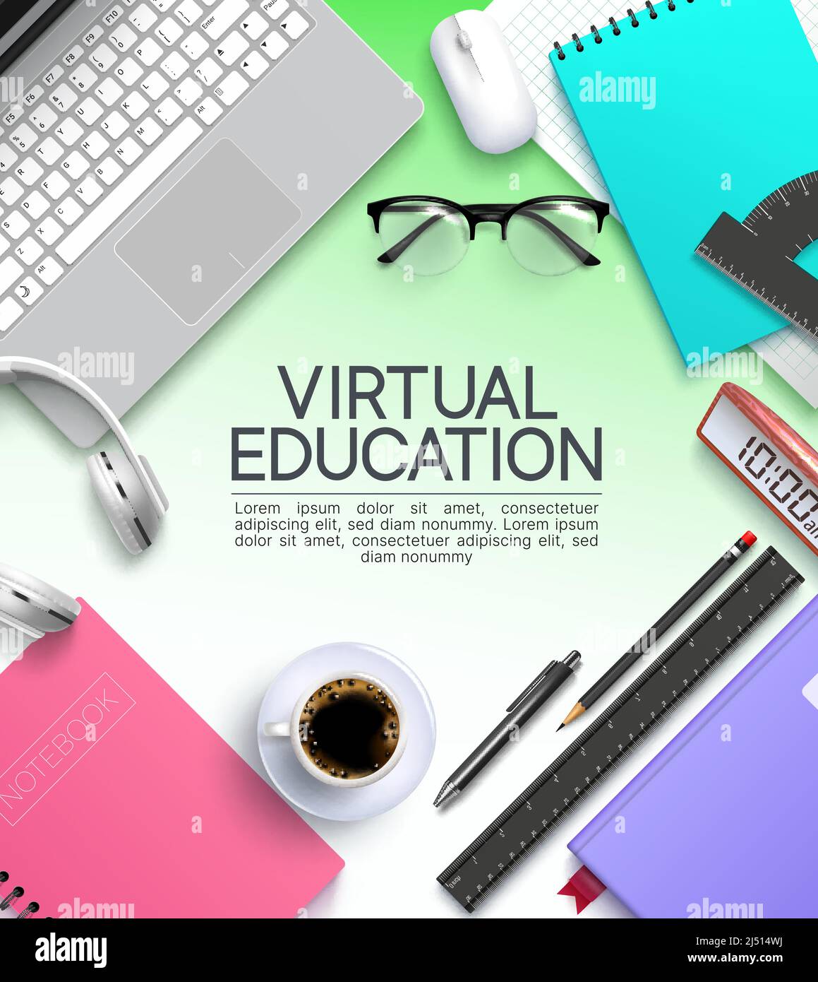 Virtual learning vector poster design. Virtual education text with ...