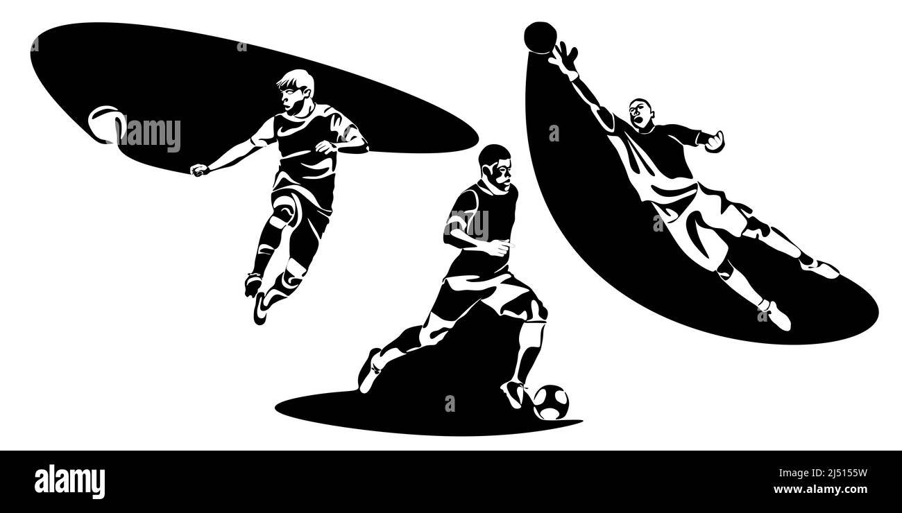 Set of Football, soccer players kicking ball, side view. Isolated ...