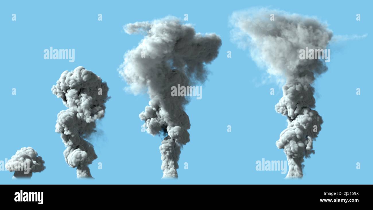 4 different renders of dense gray smoke column as from volcano or large ...