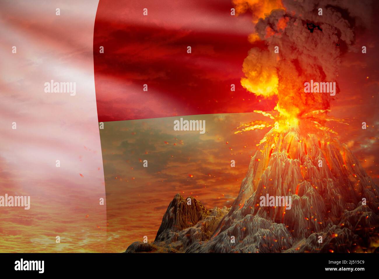 big volcano eruption at night with explosion on Madagascar flag ...