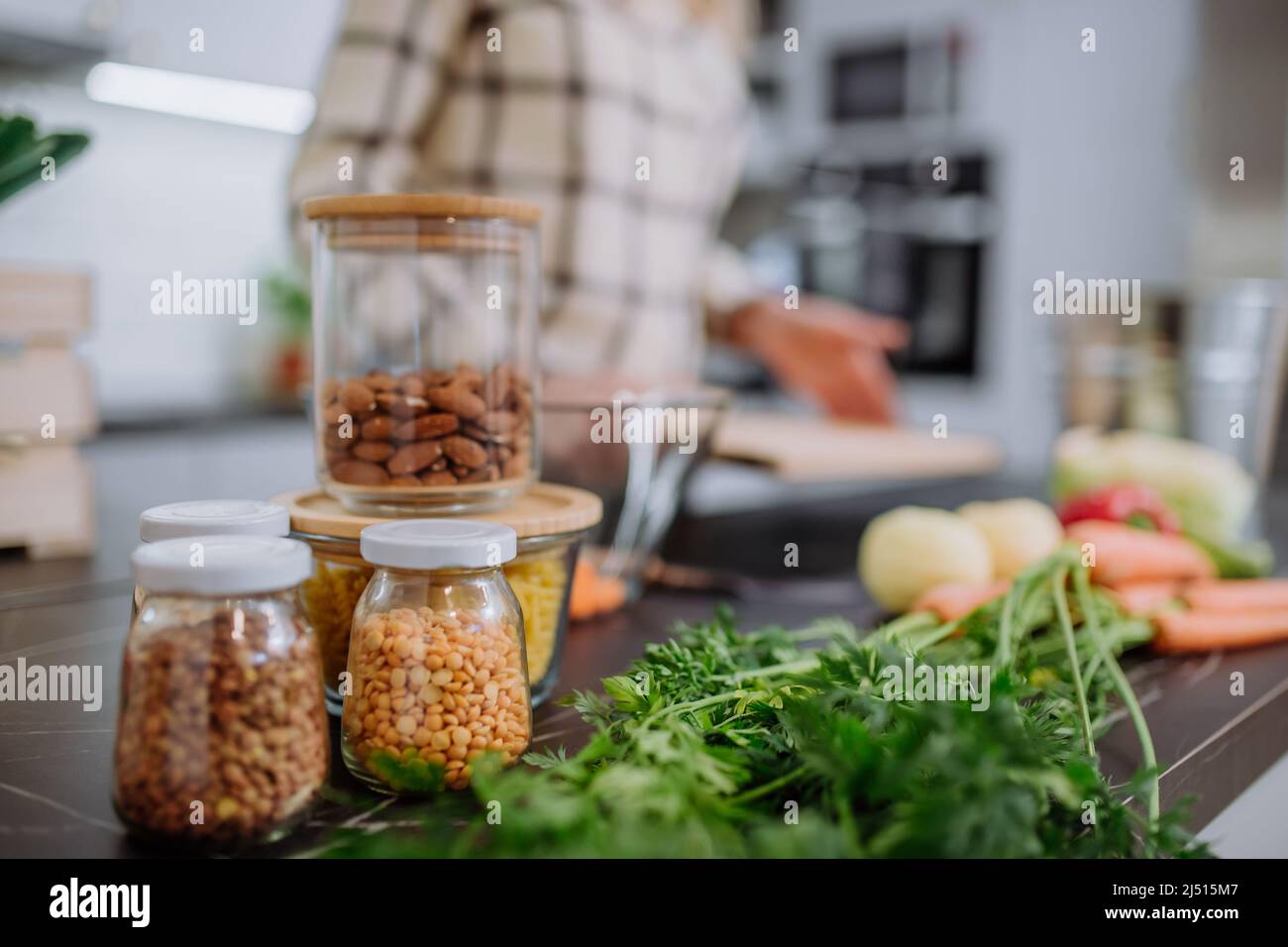 Unpacked local food in zero waste packaging on kitchen counter at home ...