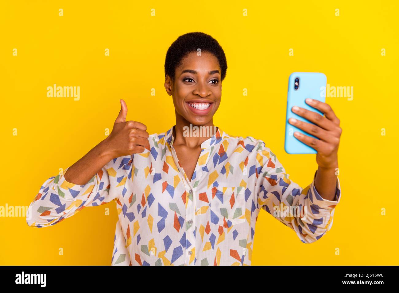 Photo of short hair person take selfie hand finger demonstrate thumb up ...