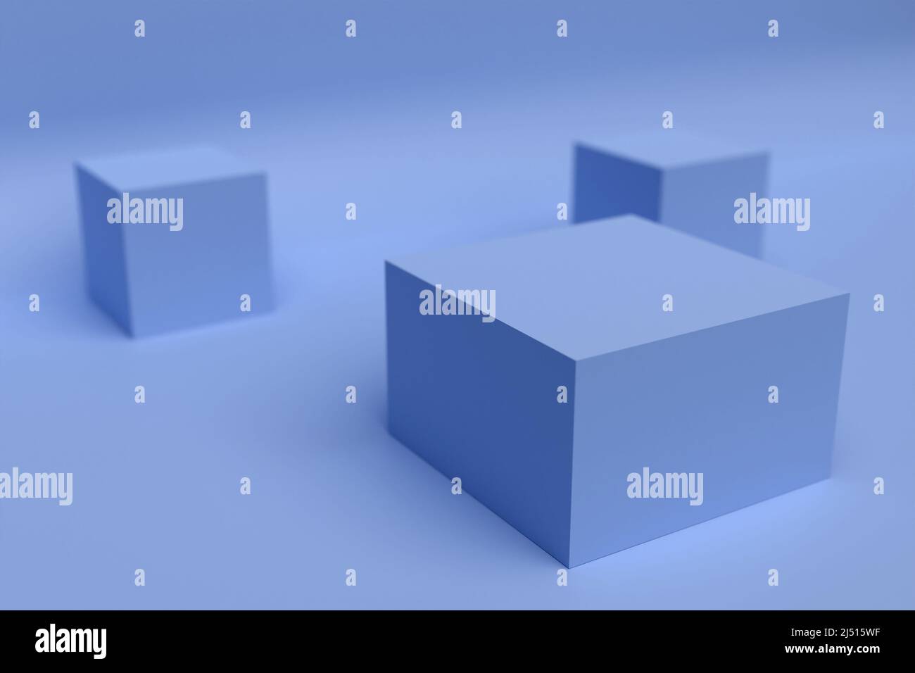 An abstract scene in blue tones. Three blue cubes on the blue floor ...